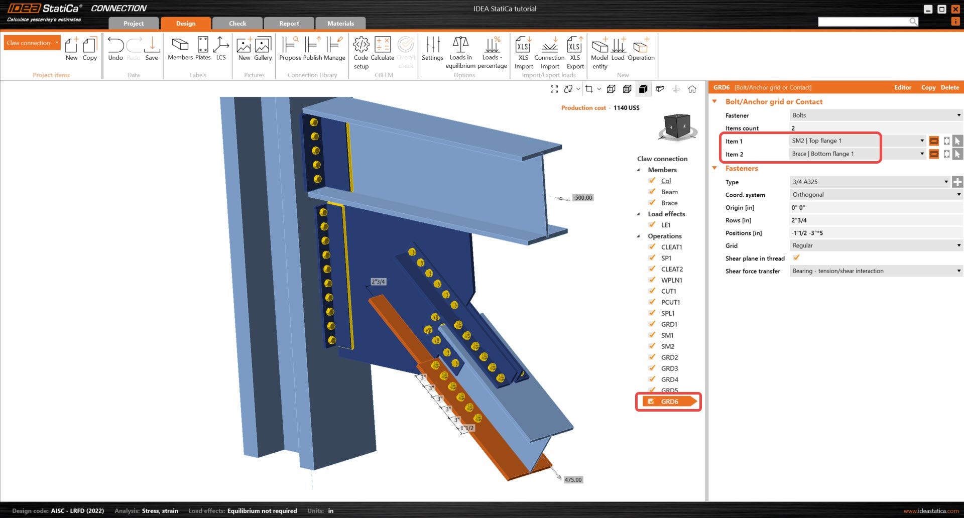 Claw angle on WF bracing connection (AISC) | IDEA StatiCa